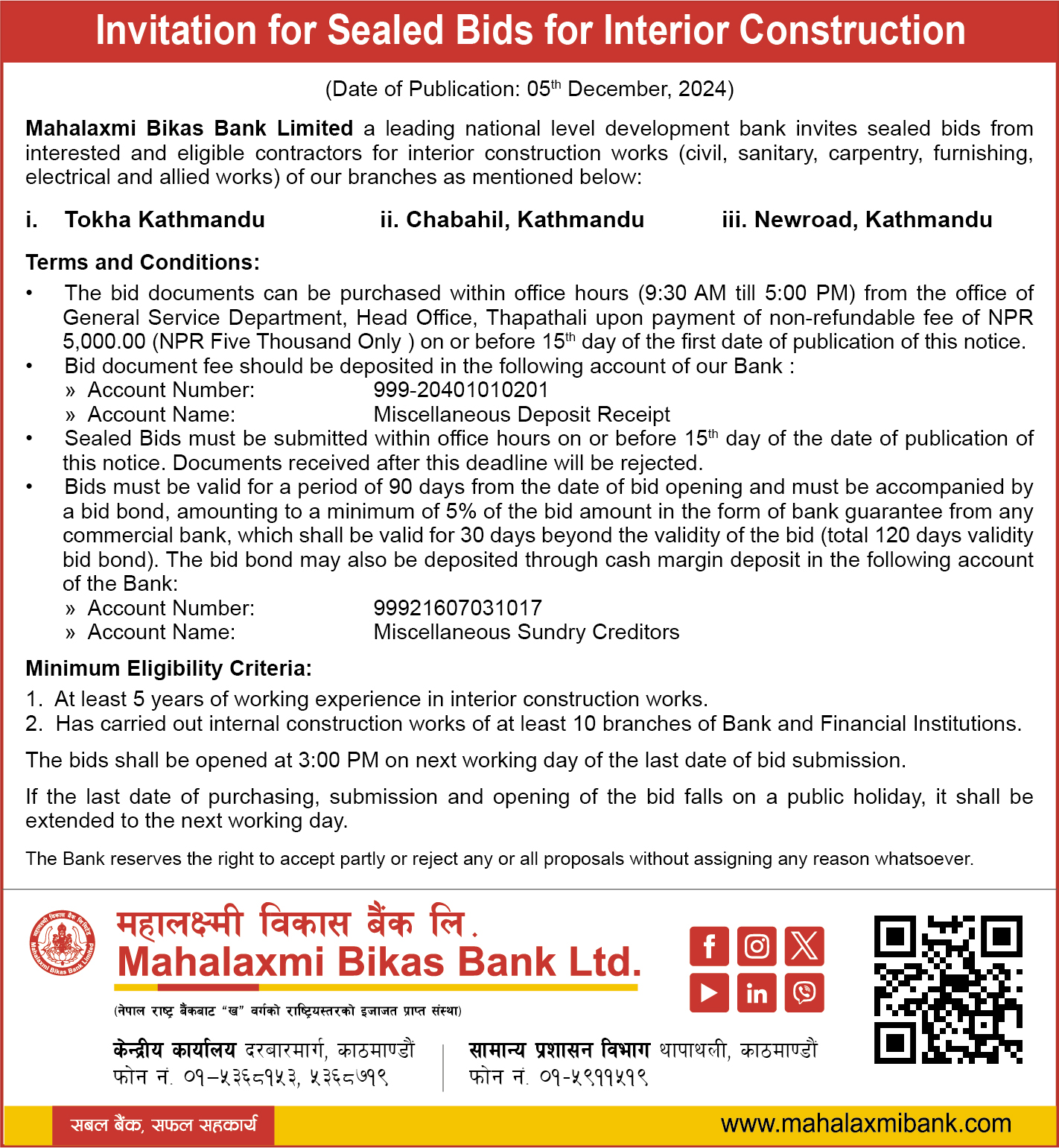 Invitation for Sealed Bids for Interior Construction